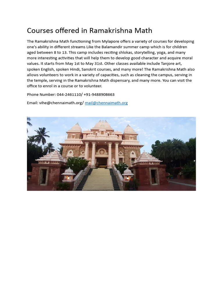 Courses Offered in Ramakrishna Math | PDF