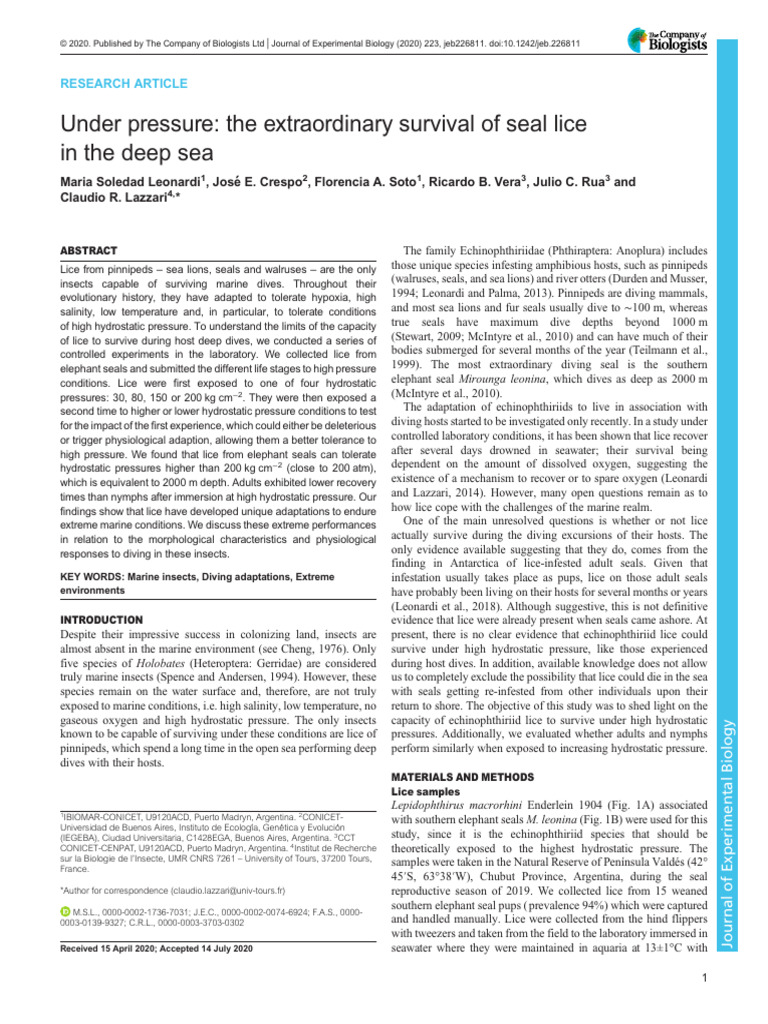 Seal Lice Survival Under Deep Sea Pressure | PDF | Pinniped ...