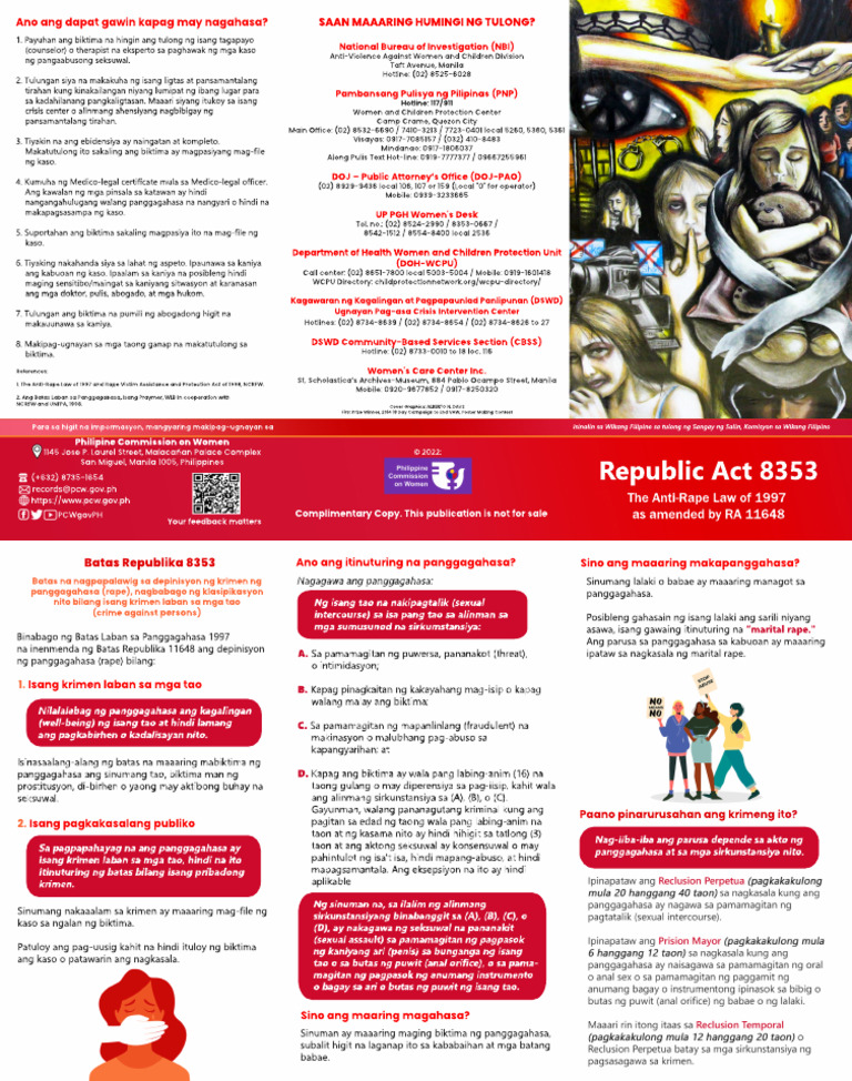 PCW Brochure Republic Act 8353 or the Anti Rape Law of 1997 Filipino | PDF