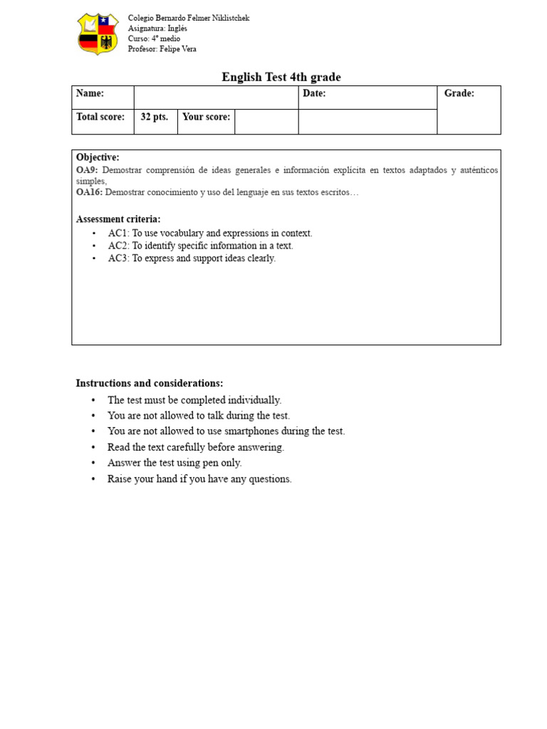 4th Grade Test | PDF