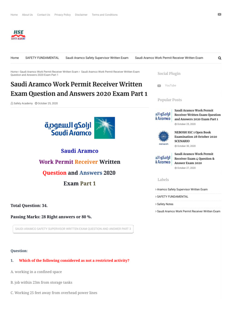 Saudi Aramco Work Permit Receiver Written Exam Question and Answers ...