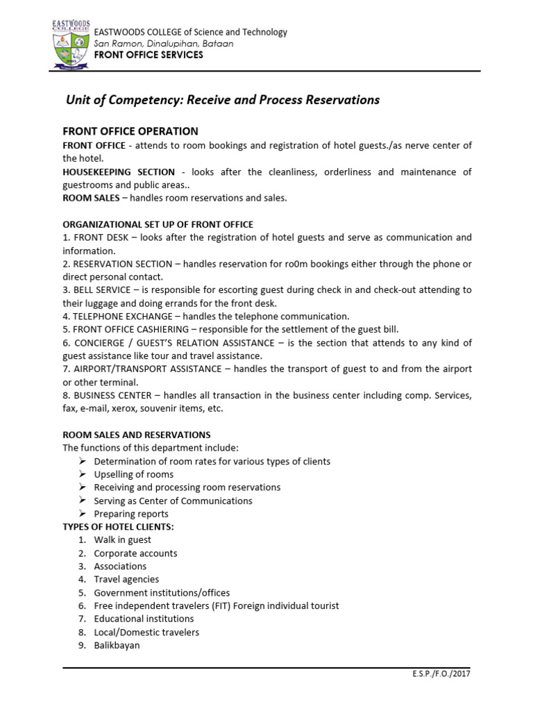 Front Office Services Overview | PDF | Service Industries