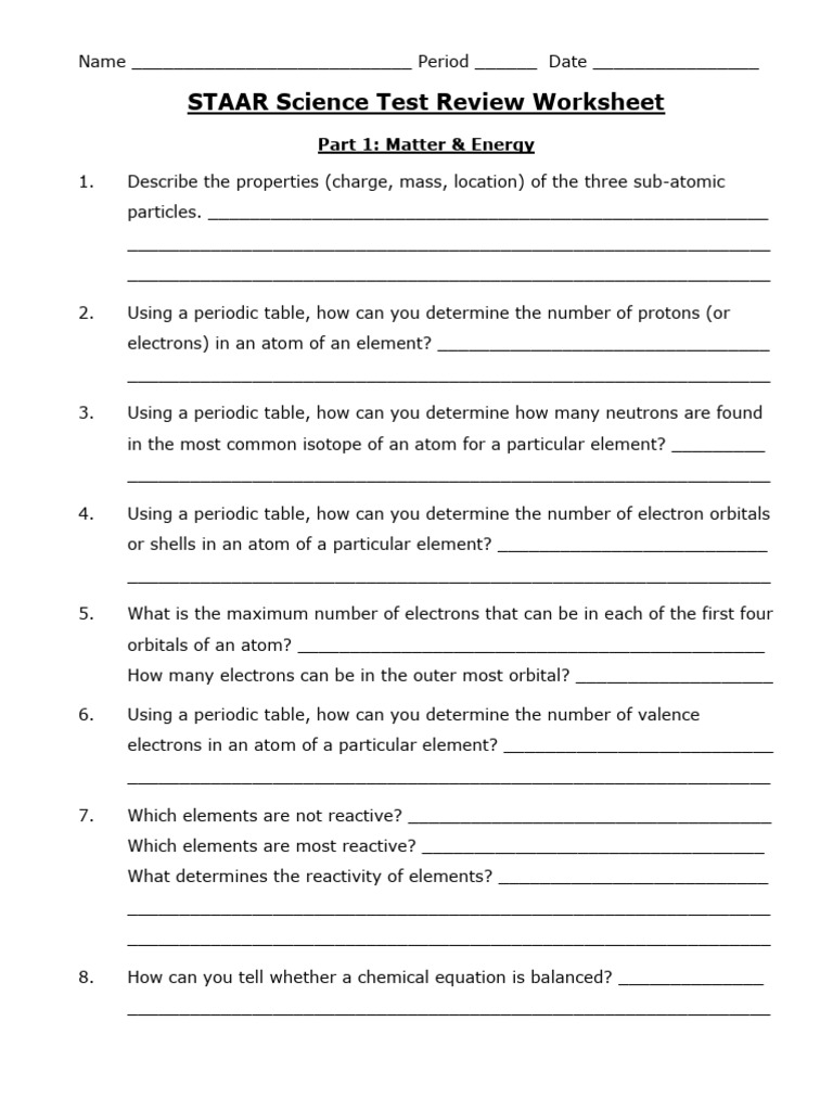 STAAR Science Test Review Worksheet | PDF | Atoms | Chemical Elements