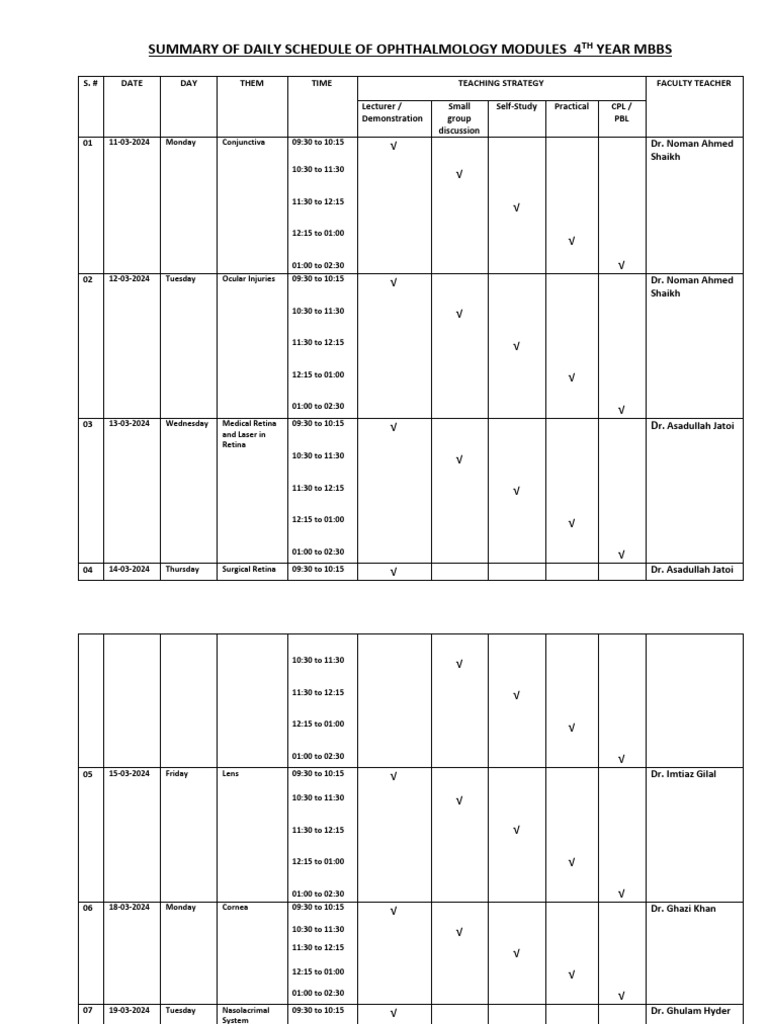 Newly Updated Summary of Daily Schedule of Ophthalmology 4TH Year MBBS ...
