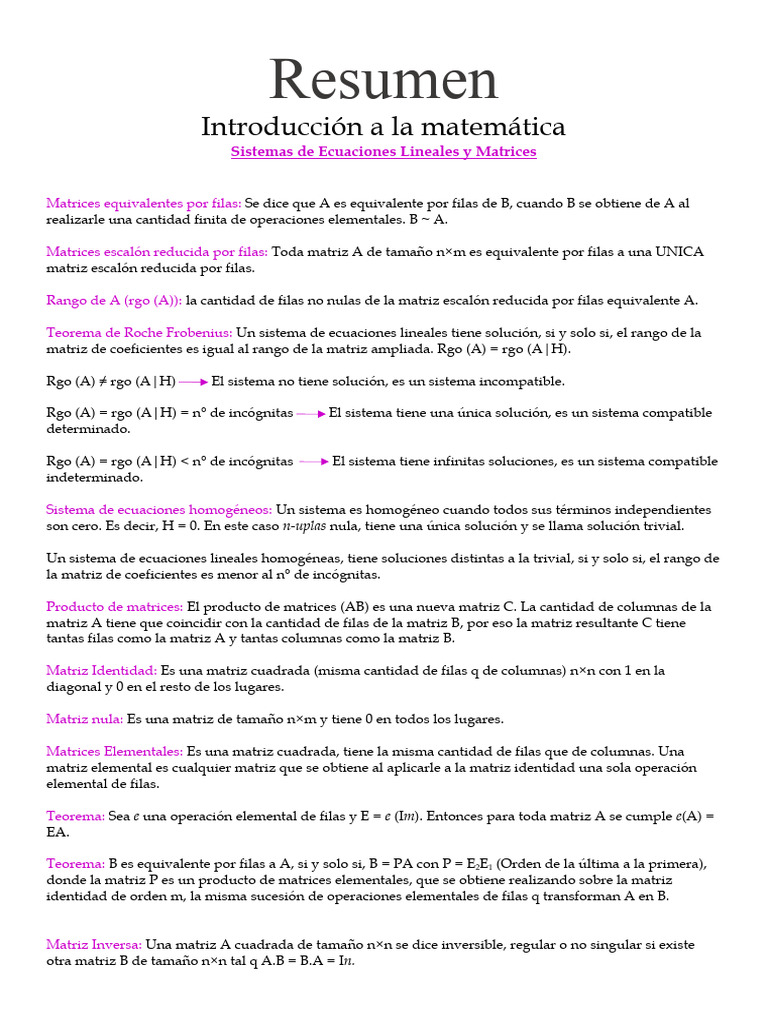 Resumen Intro a la mate. | PDF | Matriz (Matemáticas) | Sistema de ...