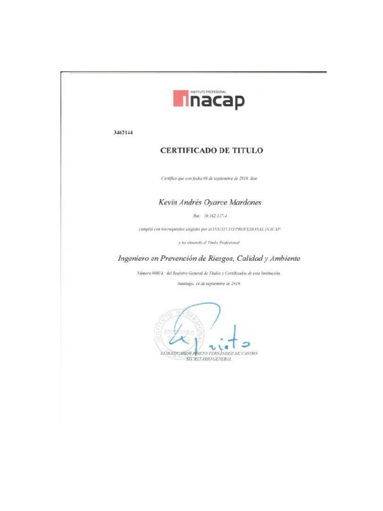 Certificado Titulo Ingeniero Prevencion | PDF