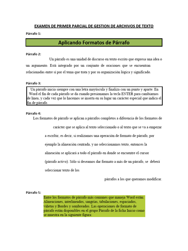 Examen Primer Parcial Word | PDF | Párrafo | Microsoft Word