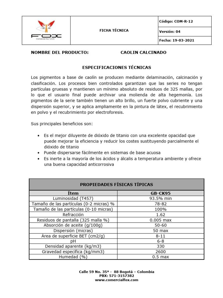 Caolín Calcinado: Ficha Técnica | PDF | Compuestos químicos | Materiales