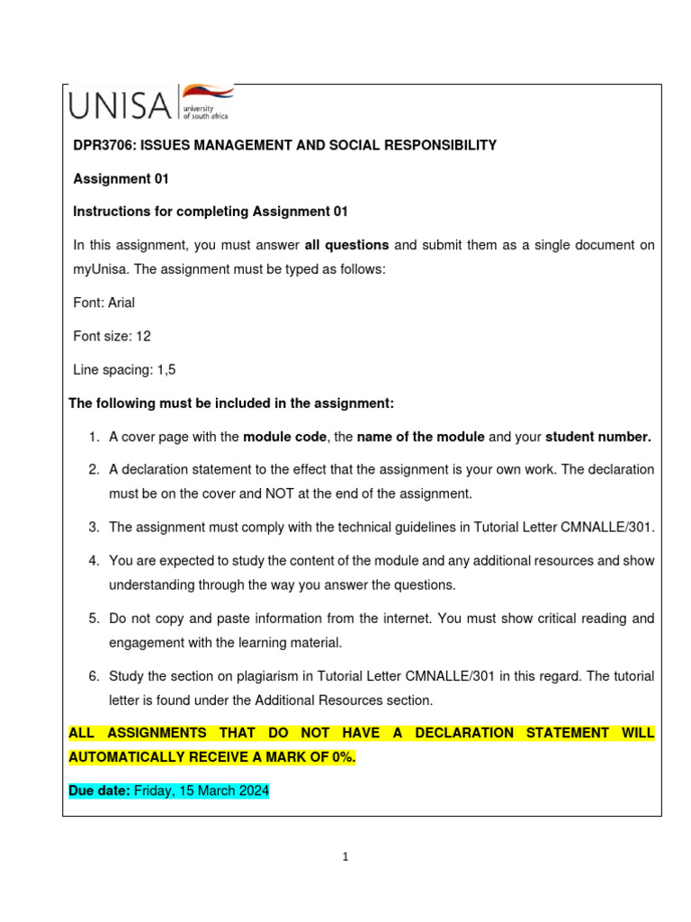 DPR3706 Semester 01 Assignment 01 2024 | PDF | Corporate Social Responsibility