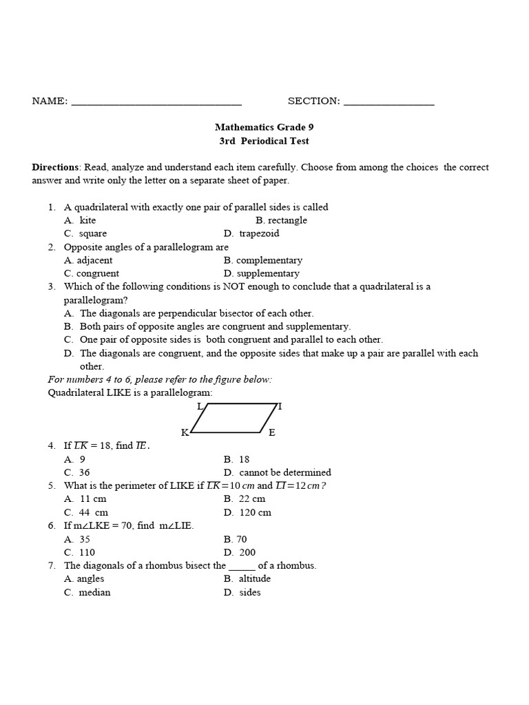 Math9 Assessment q3 Test-Final | PDF | Triangle | Rectangle