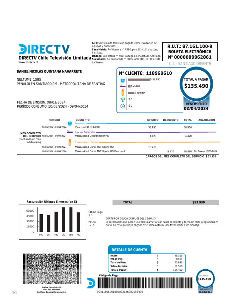 Boleta de Servicios de TV Pagada | PDF | Radiodifusión | Televisión