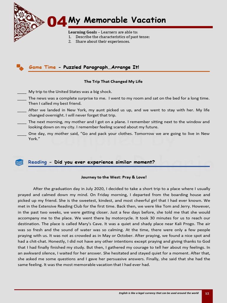 My Memorable Vacation Experience | PDF | Language Arts & Discipline