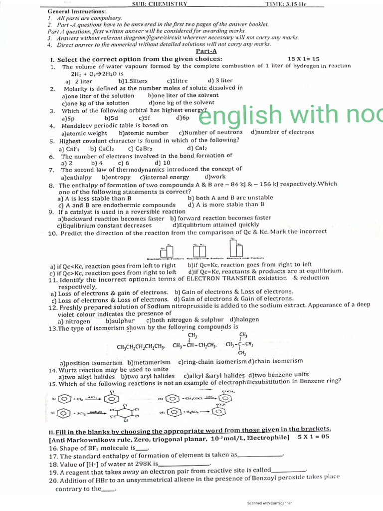 1st Puc Chemistry Preparatory Exam | PDF