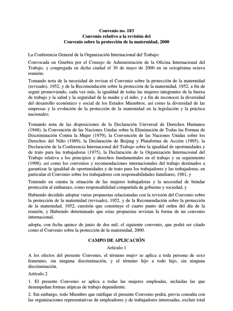 Convenio 183 Oit 2000 | PDF | Organización Internacional del Trabajo | Igualdad de género