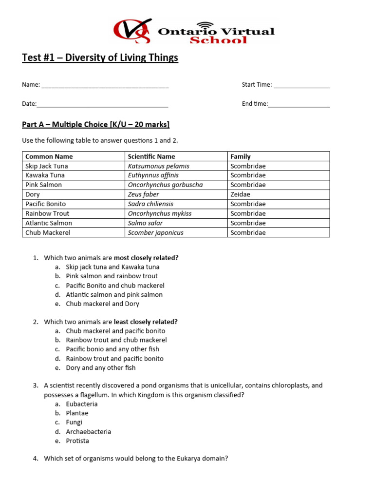 Diversity of Living Things Test | PDF | Cell (Biology) | Archaea