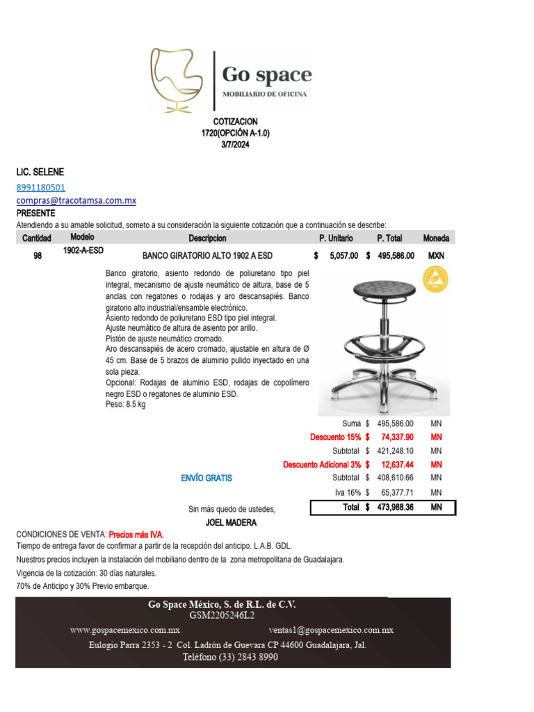 Cotización Banco Giratorio ESD 2024 | PDF | Tecnología de vehículos | Vehículos