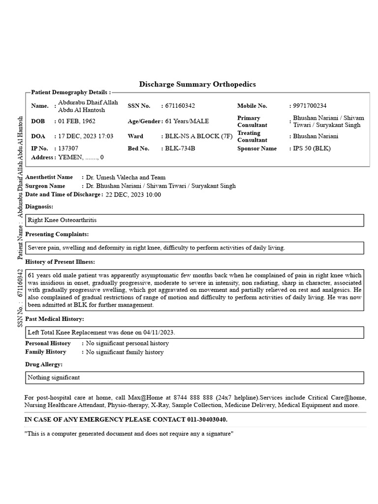 Discharge Summary Orthopedics: in Case of Any Emergency Please Contact ...