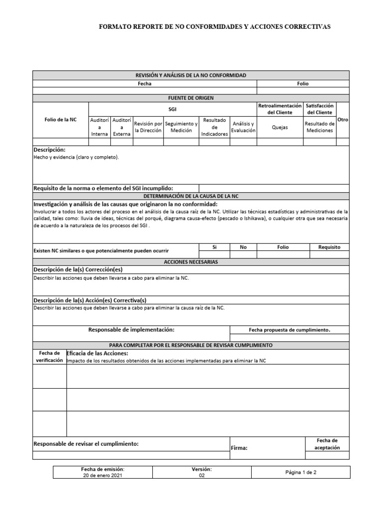 Formato De No Conformidades Y Acciones Pdf 4073