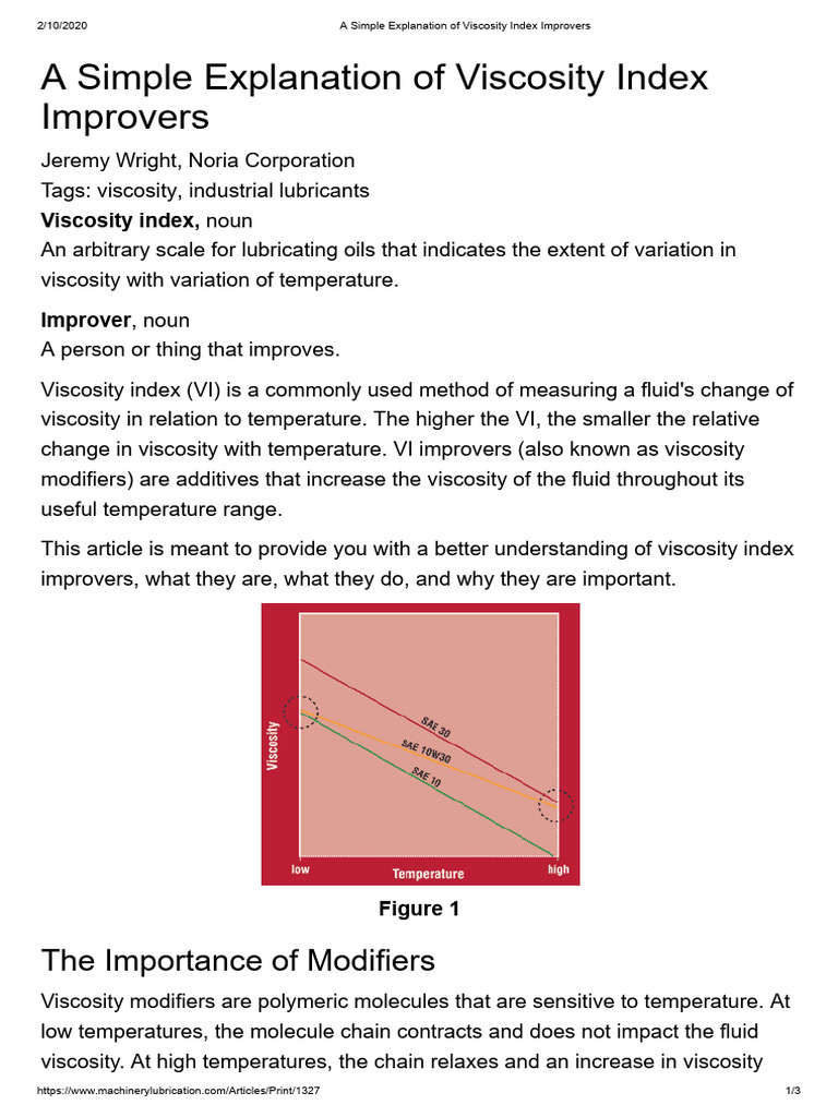 A Simple Explanation of Viscosity Index Improvers | PDF | Viscosity | Polymers