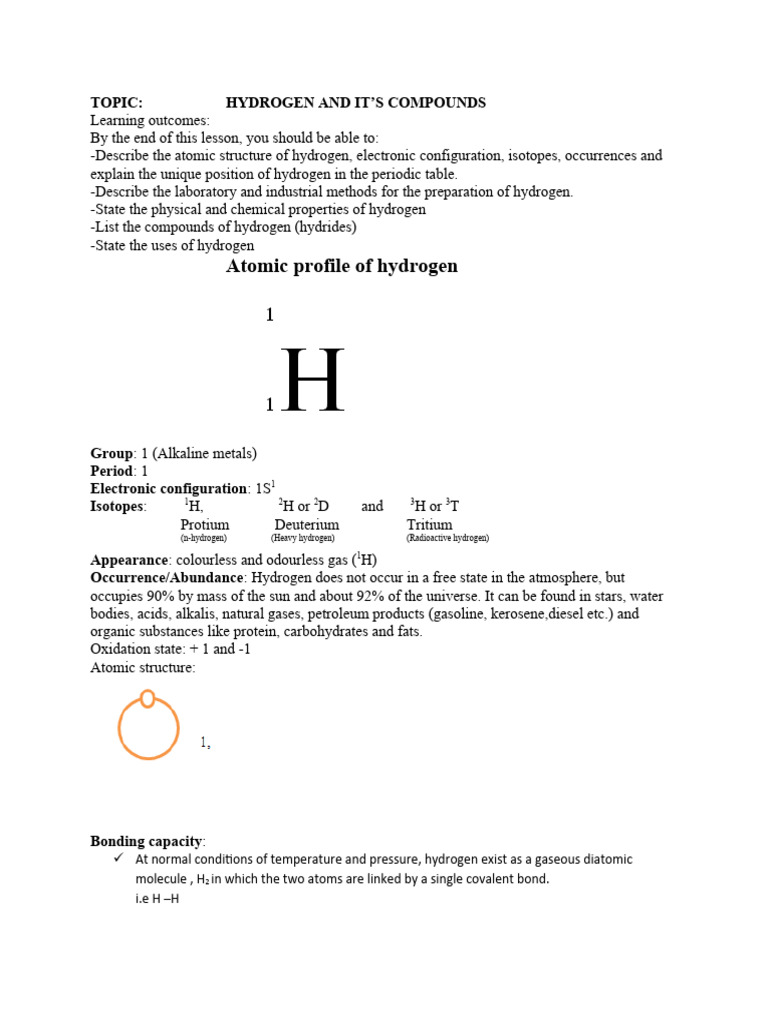 Hydrogen: Properties, Preparation, and Uses | PDF | Hydrogen | Hydride