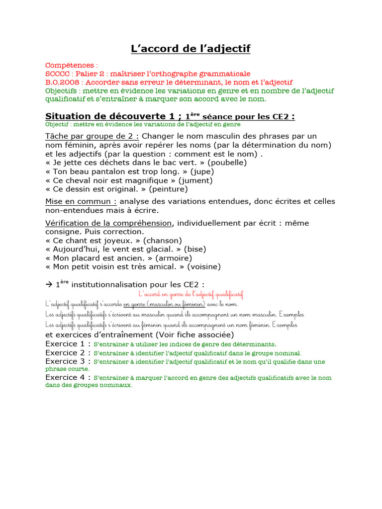 Accord de l'adjectif qualificatif CE2/CM1 | PDF | Genre grammatical ...