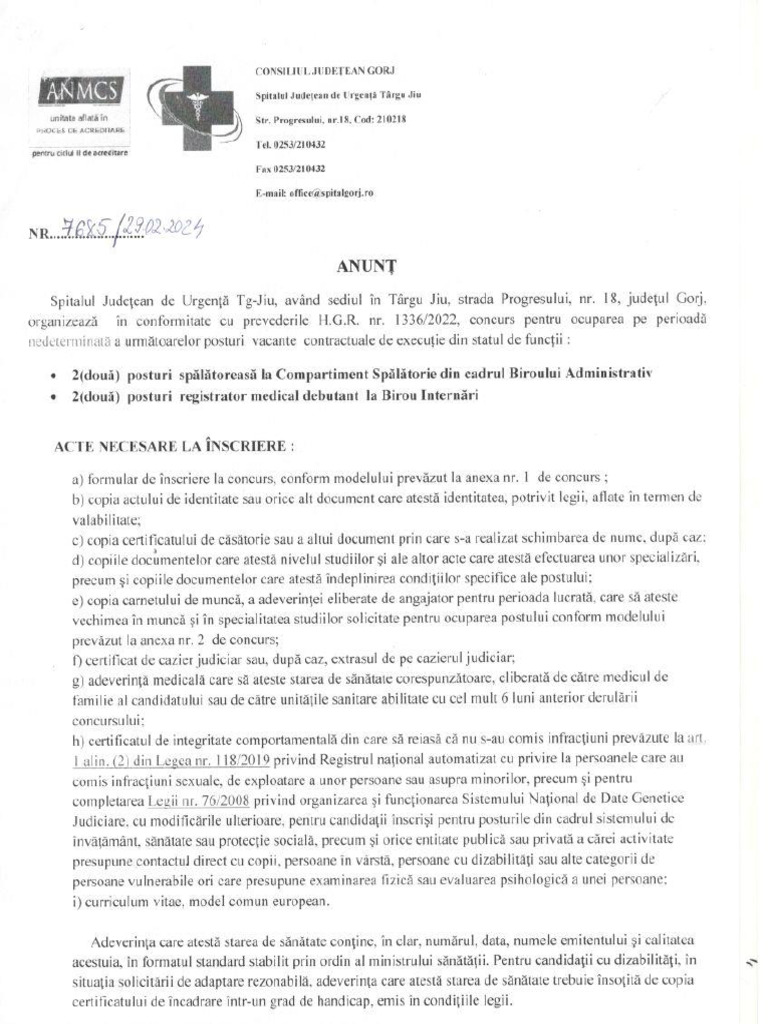 Anunt Concurs Registrator Medical Si Spalatoreasa 2024 | PDF