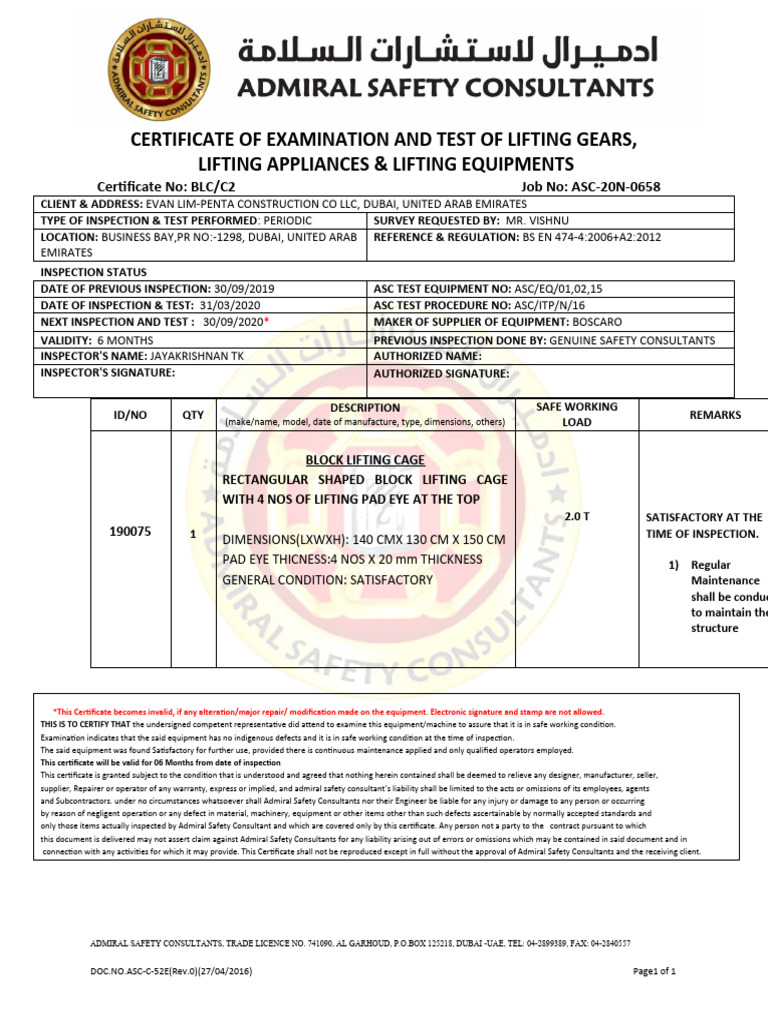 Certificate of Examination and Test of Lifting Gears, Lifting ...