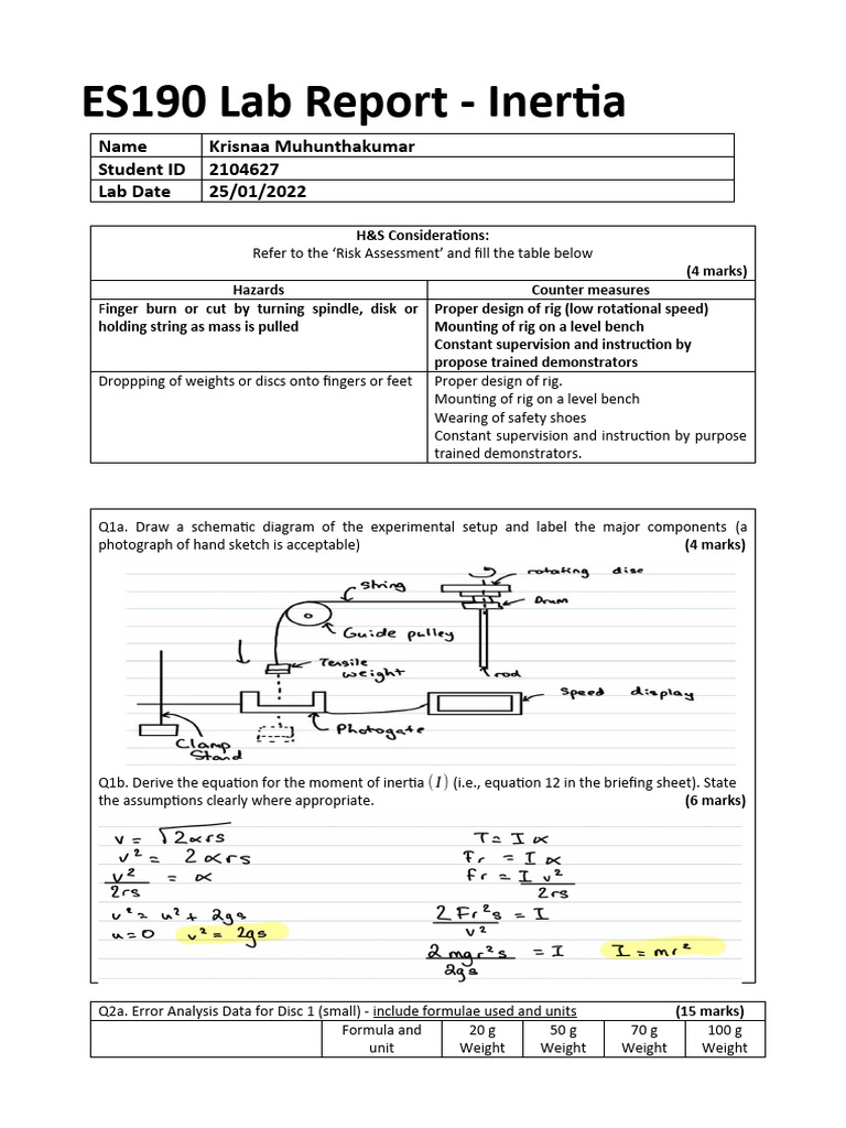 ES190 Inertia Lab Report Template-DESKTOP-T1PR75R | PDF | Mass | Weight