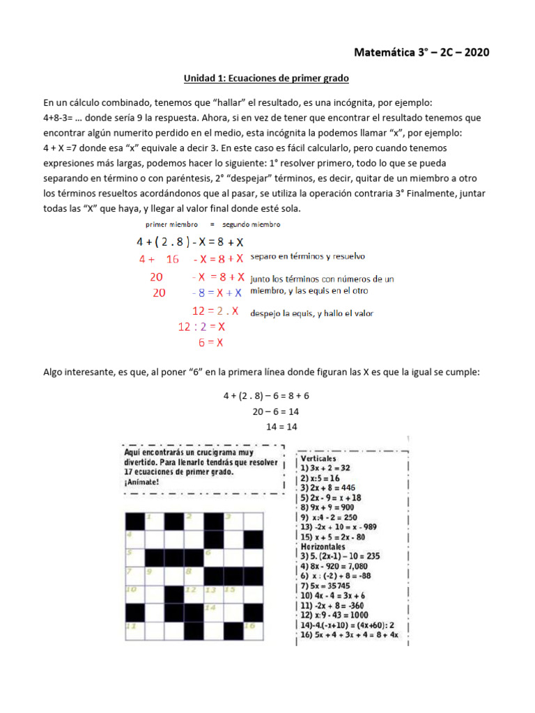 Unidad 1: Ecuaciones de Primer Grado: Matemática 3° - 2C - 2020 | PDF ...