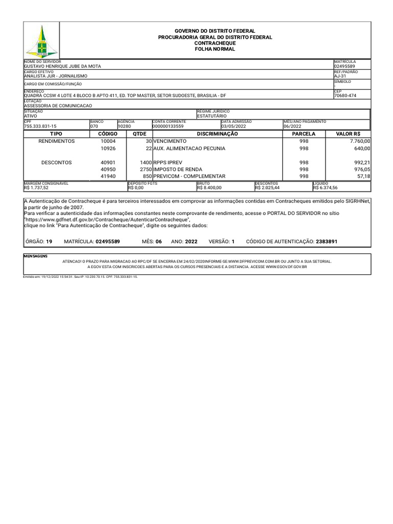 Governo Do Distrito Federal - Contracheque | PDF | Autenticação