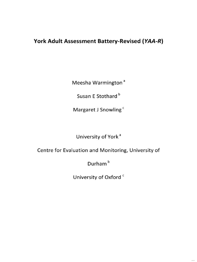 York Adult Assessment Battery Revised Form and Test - Pdf-Test ...