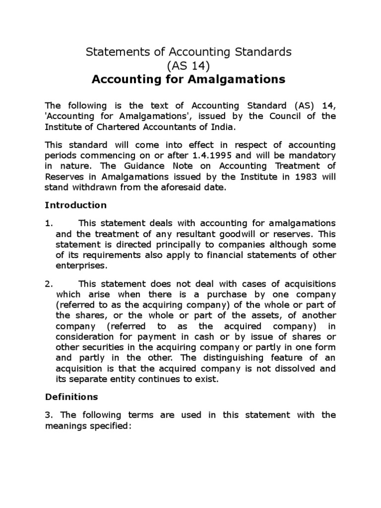 Accounting Standard 14 | PDF | Consolidation (Business) | Goodwill ...