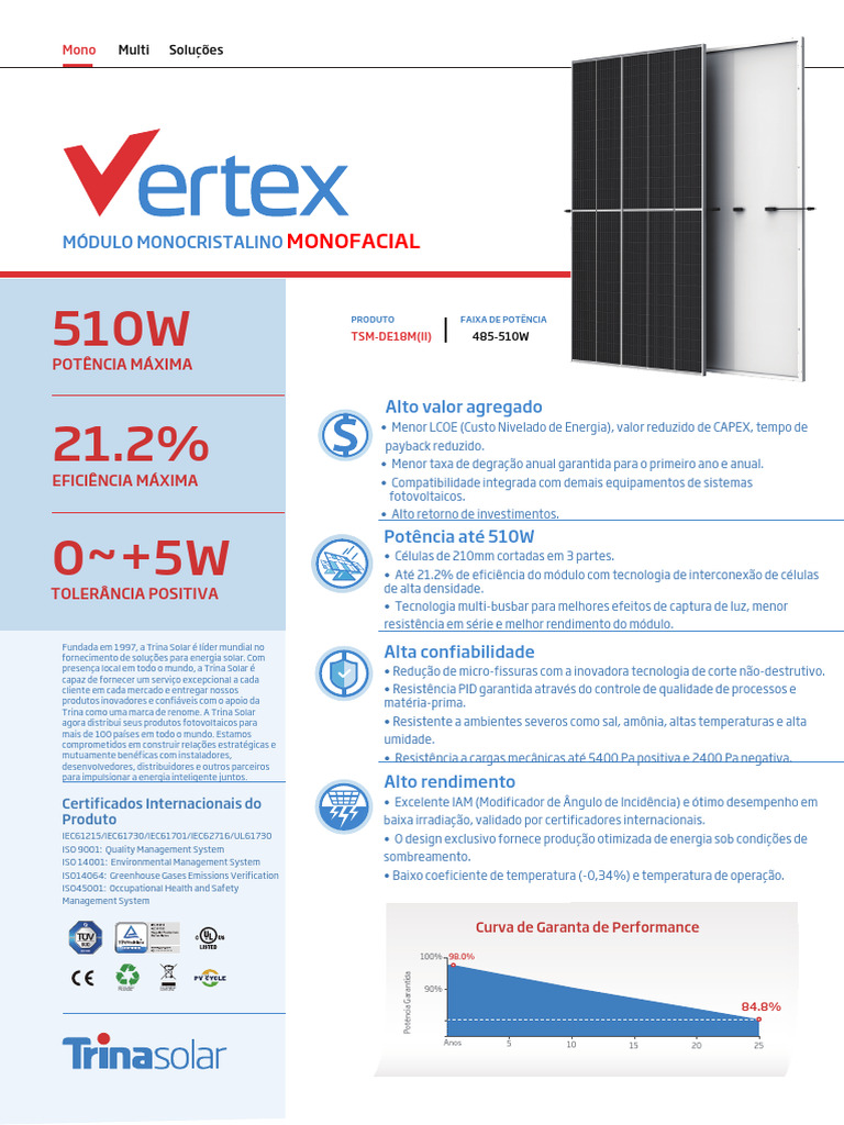 Datasheet - Trina 510W | PDF | Energia solar | Célula solar