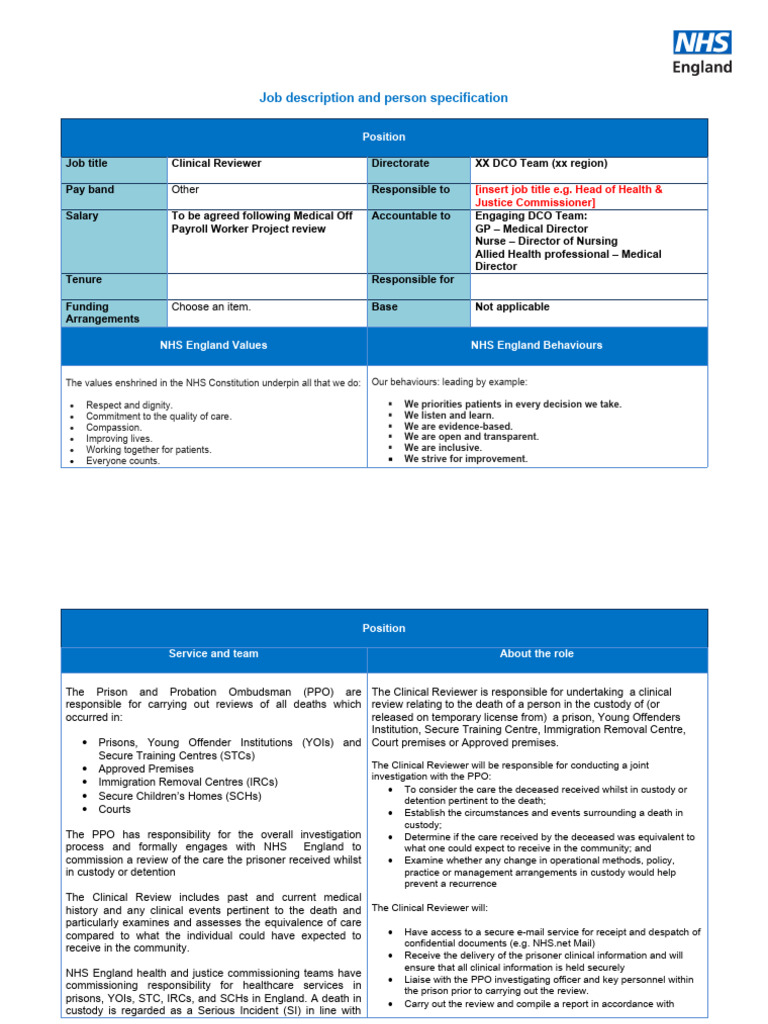 Clinical Reviewer Job Description and Person Specification | PDF ...