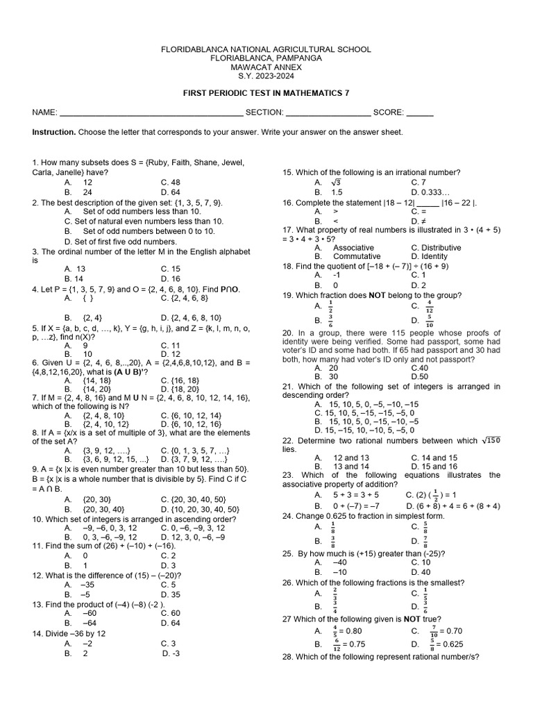 Math 7 First Quarter Exam | PDF | Mathematics | Science