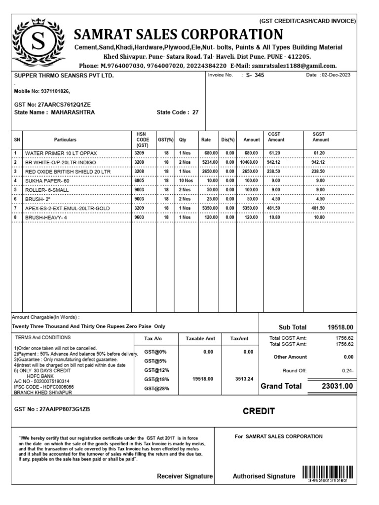 Samrat Sales Corporation: (GST Credit/Cash/Card Invoice) | PDF