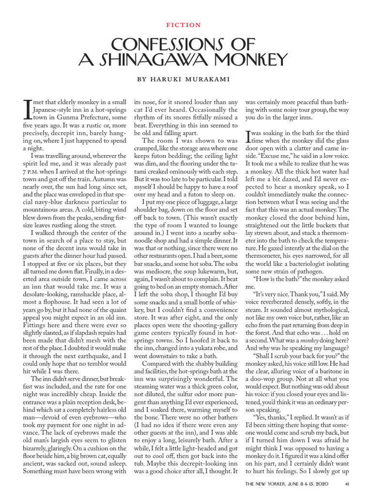 Murakami, Haruki - Confessions of A Shinagawa Monkey (New Yorker, 8 ...