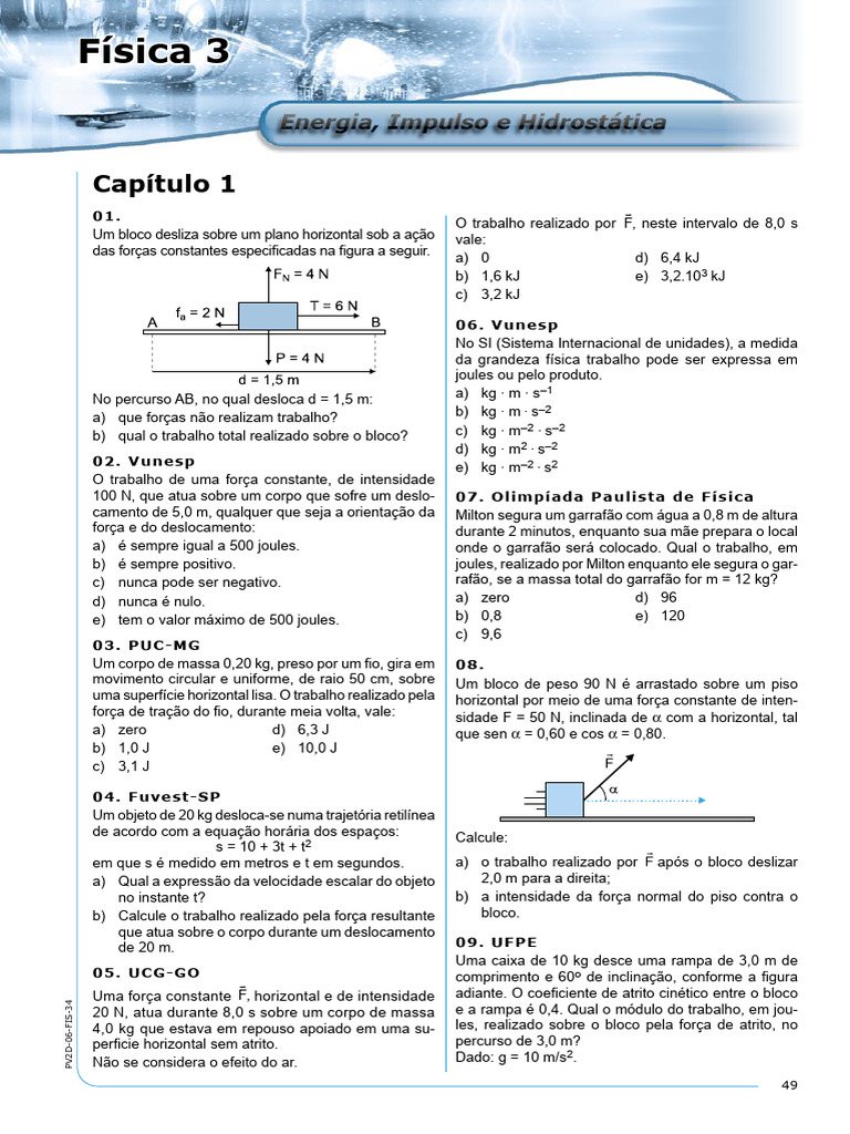 Fisica 03 Energia Impulso Hidrostatica Propostos | PDF | Massa | Velocidade