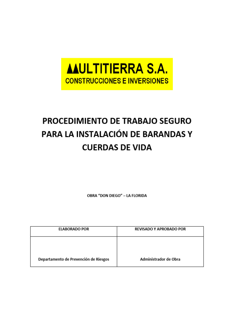 Ps-Procedimiento de Trabajo Seguro para Inst. de Barandas y Cuerdas de Vida | PDF | Seguridad y ...