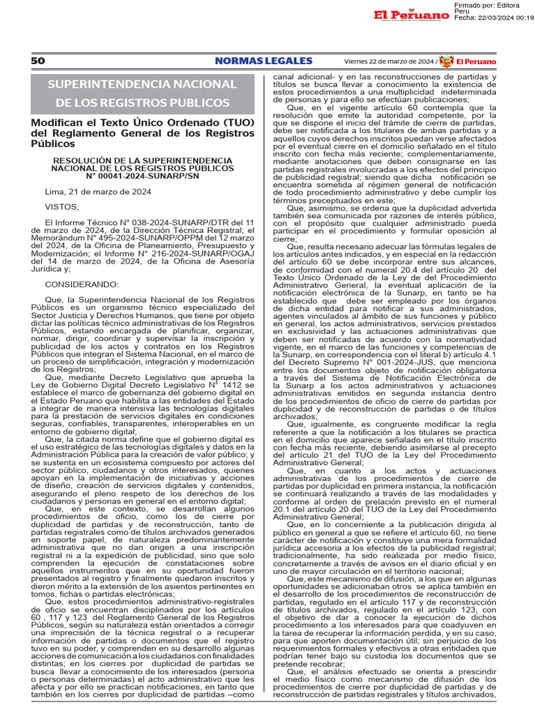 Modifican El Texto Único Ordenado (TUO) Del Reglamento General de Los ... Modifican El Texto Único Ordenado (TUO) Del Reglamento General de Los ...