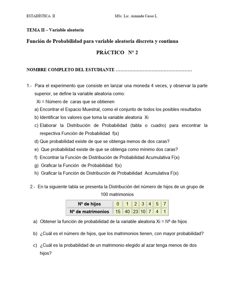 PRÁCTICO #2 - F. PROB. DISCRETA Y CONTINUA. ECO Doc | PDF | Teoría de probabilidad | Variable ...