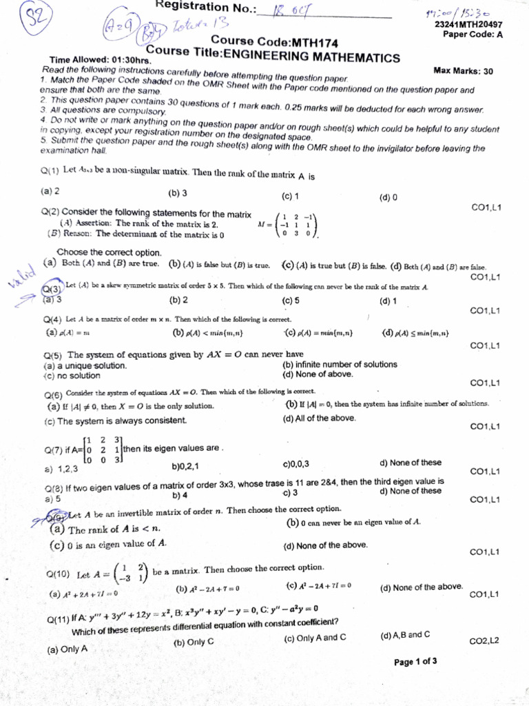 Sample paper 3 | PDF | Algebra | Linear Algebra