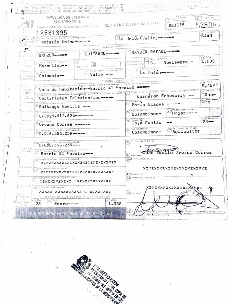 Colombian Civil Registry Form | PDF