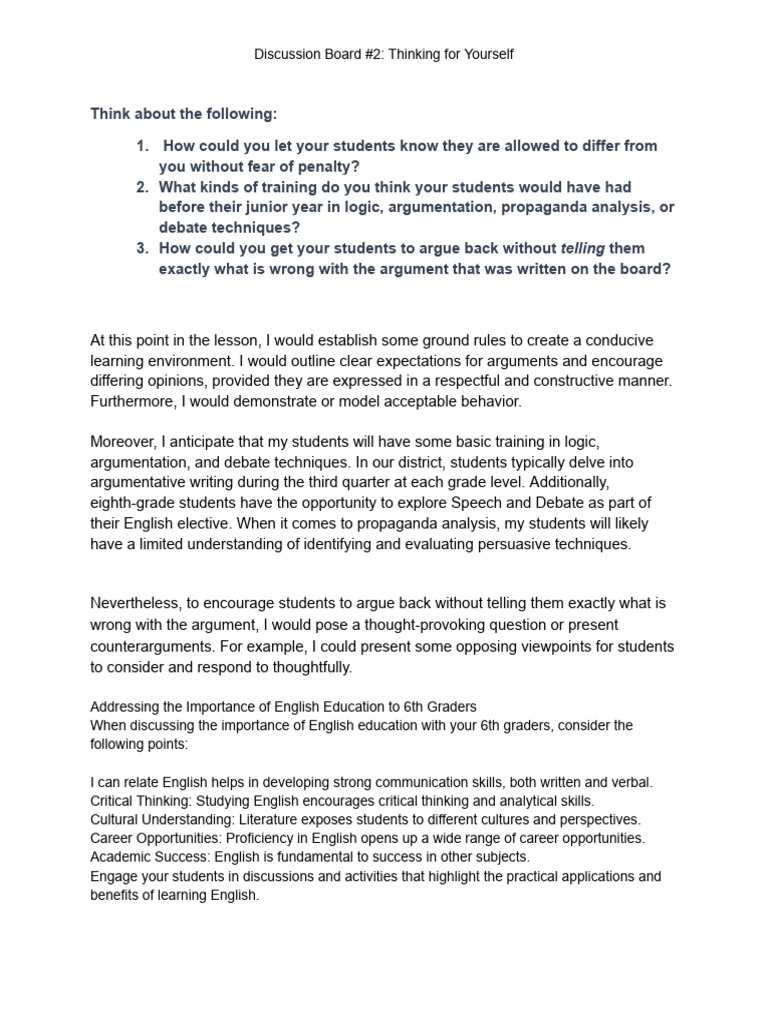 Discussion Board #2 - Thinking For Yourself | PDF | Critical Thinking ...