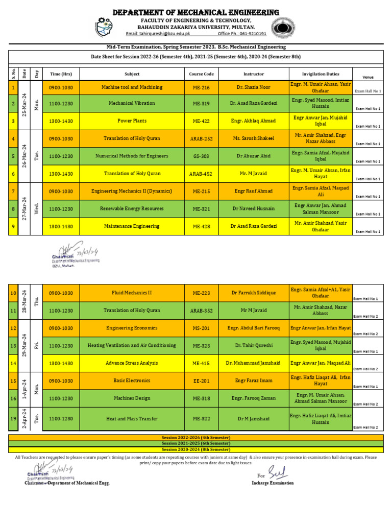 BZU Mechanical Engineering Exam Schedule | PDF | Engineering | Mechanical Engineering