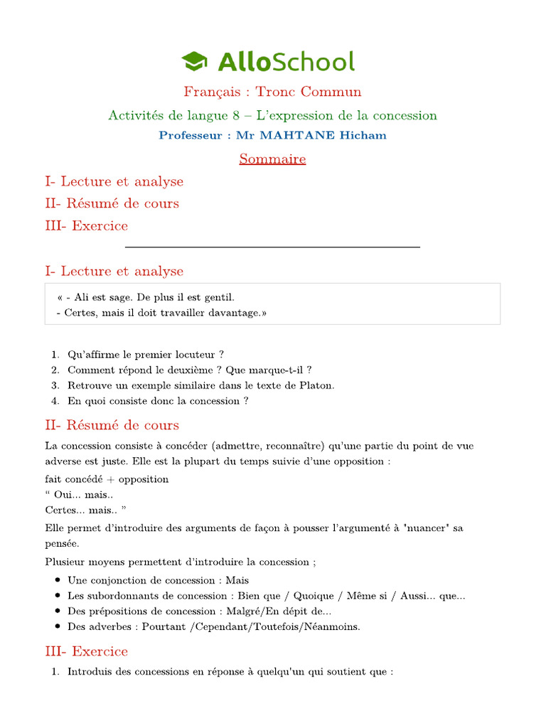 Activites de Langue 8 L Expression de La Concession 7 | PDF