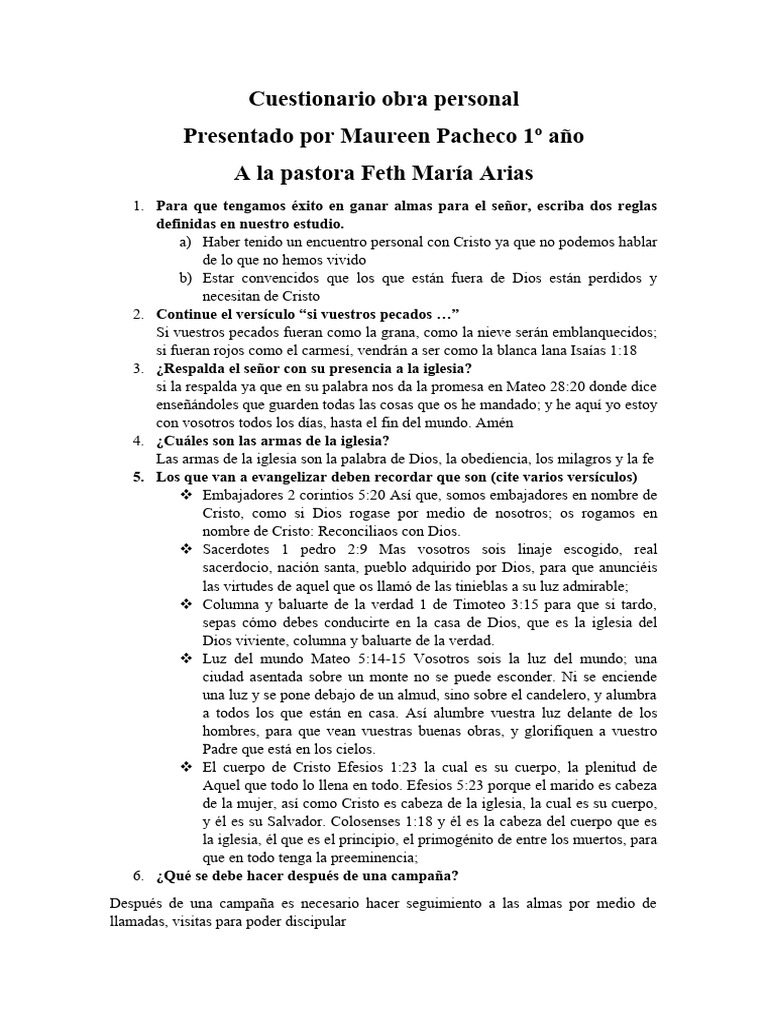 Cuestionario obra personal | PDF | Cristo (título) | Biblia