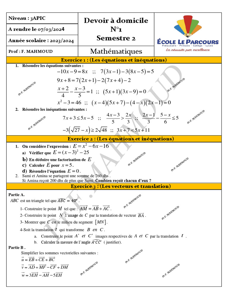 Devoir à Domicile N 1 Semestre2 Pdf