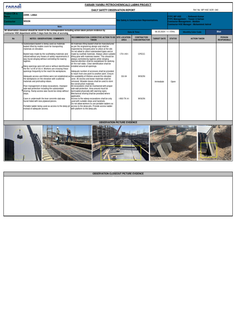 Daily Construction Safety Observation Report | PDF