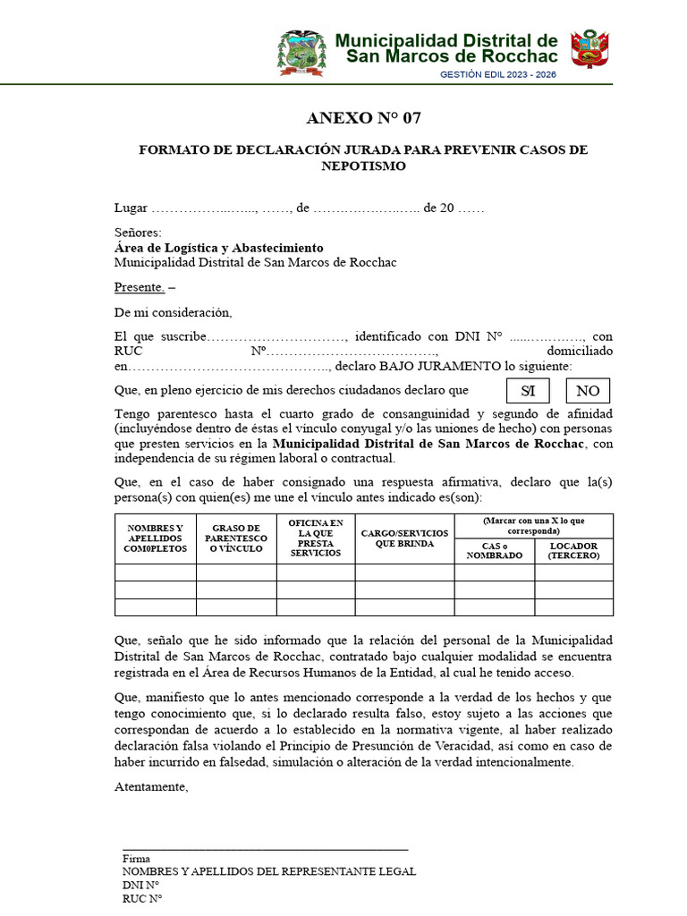 ANEXO 07 Declaracion Jurada Nepotismo | PDF | Justicia | Crimen y violencia